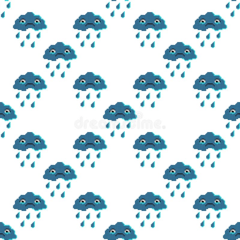 Seamless Pattern with Sad Cloud. Pixel Art Background, Cartoon Vector ...