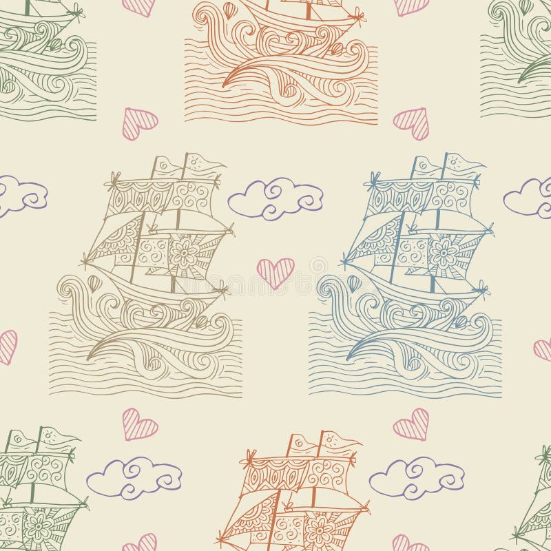 Seamless Pattern with Sailing Ships and Clouds. Stock Vector ...