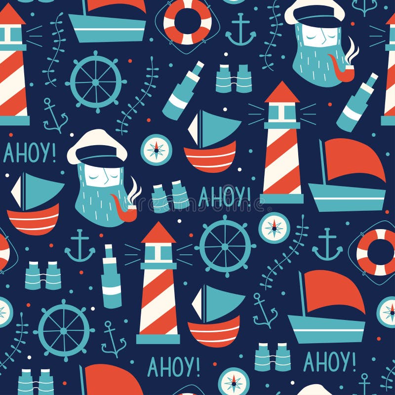 Seamless Pattern with Sailors, Wheel, Ship, and Different Elements Stock Vector - Illustration ...