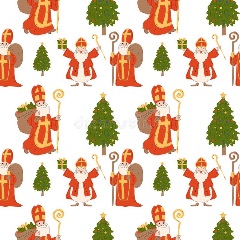 Seamless Pattern with Saint Nicholas Christmas Characters Vector Set ...