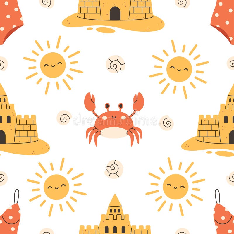 Seamless Pattern with Sand Castle, Sun, Sea Shell and Swimsuit. Summer ...