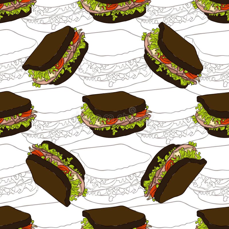 Seamless Pattern Sandwich Scetch and Color Stock Vector - Illustration ...