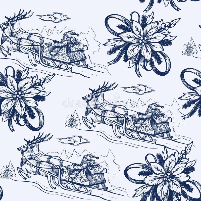 Seamless Pattern with Santa, Poinsettia, Fir Tree in Toile Style ...