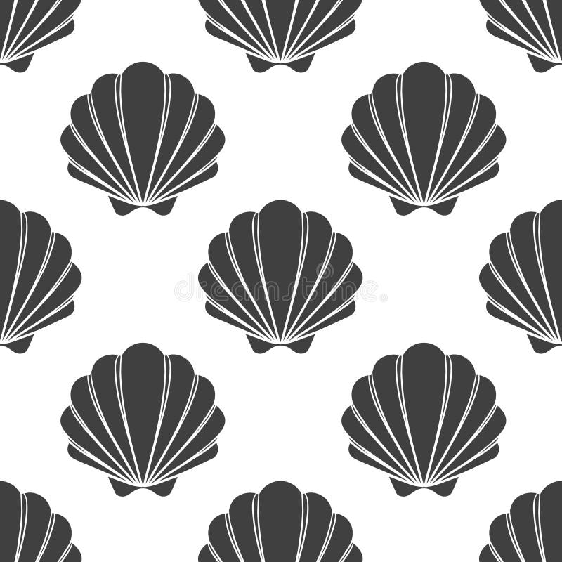 Seamless Pattern of Scallop Seashells. Black Silhouette of Seashells on ...