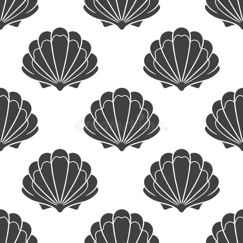 Seamless Pattern of Scallop Seashells. Black Silhouette of Seashells on ...