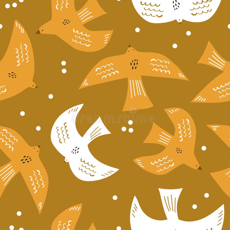 Seamless Pattern with Scandinavian Style White Birds on Mustard ...