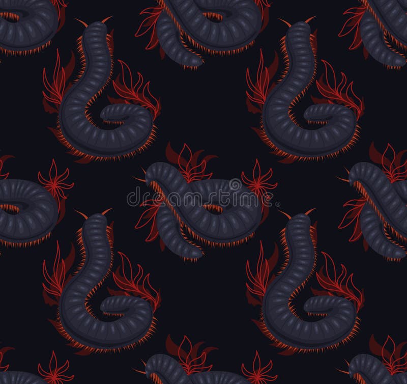 Seamless Pattern with Scary Centipedes with Foliage and Leaves on Dark ...