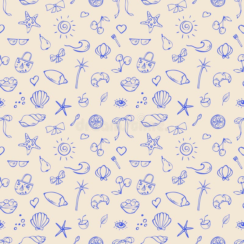 Seamless Pattern Sea Beach Blue on Beige Background Stock Illustration - Illustration of doodle ...