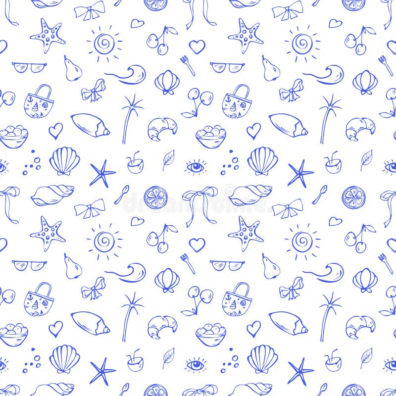 Seamless Pattern Sea Beach Blue on White Background Stock Illustration ...