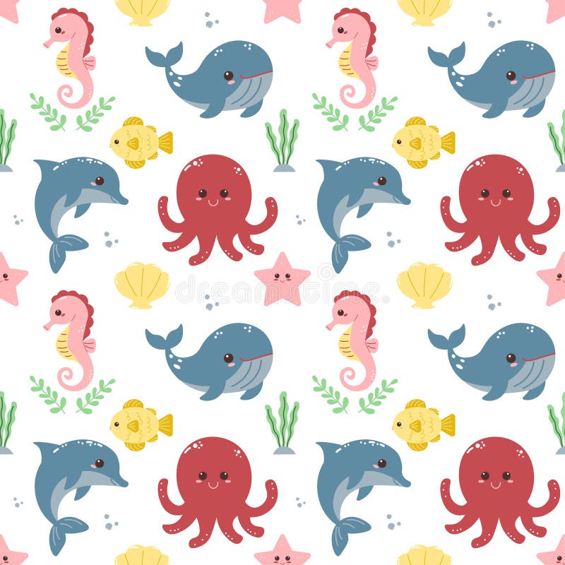 Seamless Pattern of Sea Life. Cute Sea Animals Stock Vector ...