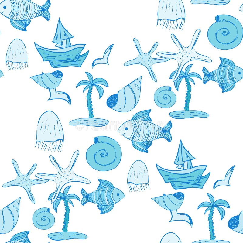 Seamless Pattern with Sea Motifs. Stock Vector - Illustration of line ...