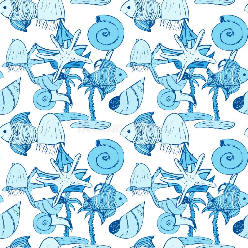 Seamless Pattern with Sea Motifs. Stock Vector - Illustration of doodle ...