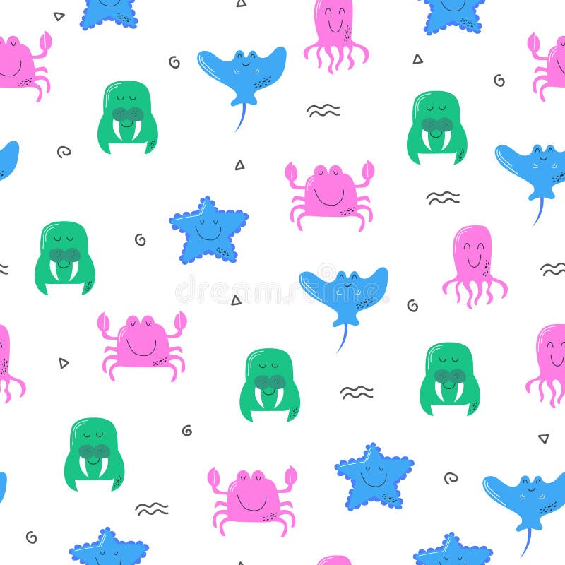 Seamless Pattern with Sea and Ocean Animals. Repeat Design with Sea ...