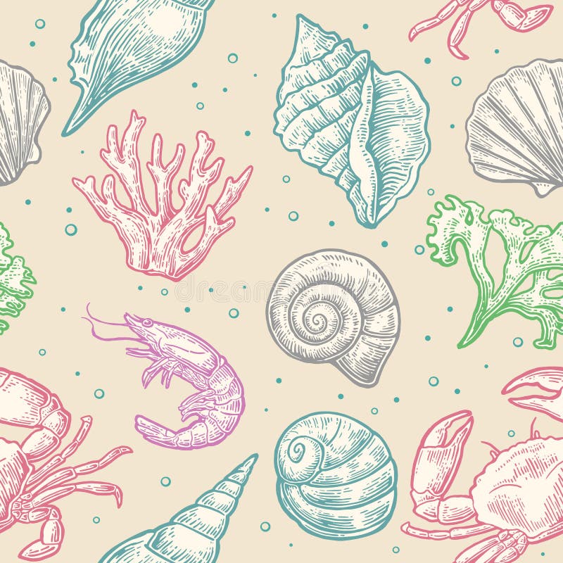 Seamless Pattern Sea Shell, Coral, Crab and Shrimp. Stock Vector ...