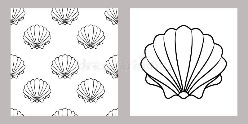 Seamless Pattern of Sea Shells. Black Outline of Seashells on a White ...