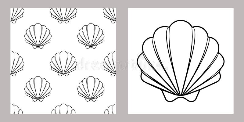 Seamless Pattern of Sea Shells. Black Outline of Seashells on a White ...