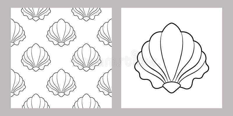 Seamless Pattern of Sea Shells. Black Outline of Seashells on a White ...
