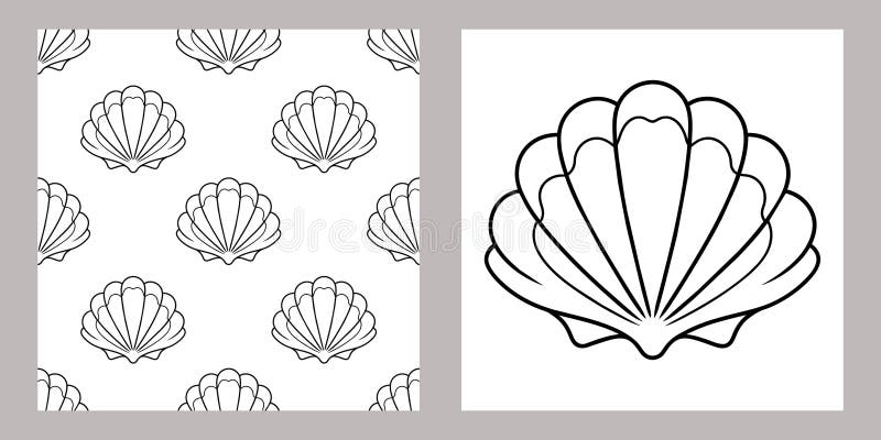 Seamless Pattern of Sea Shells. Black Outline of Seashells on a White ...