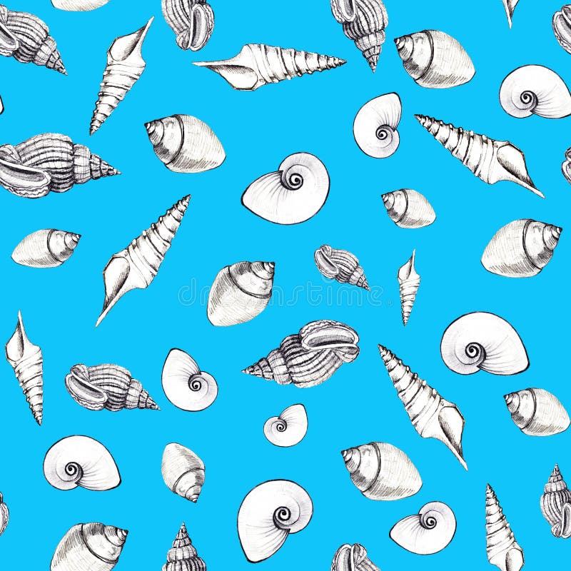 Seamless Pattern of Sea Shells on Blue Background. Manual Graphics ...