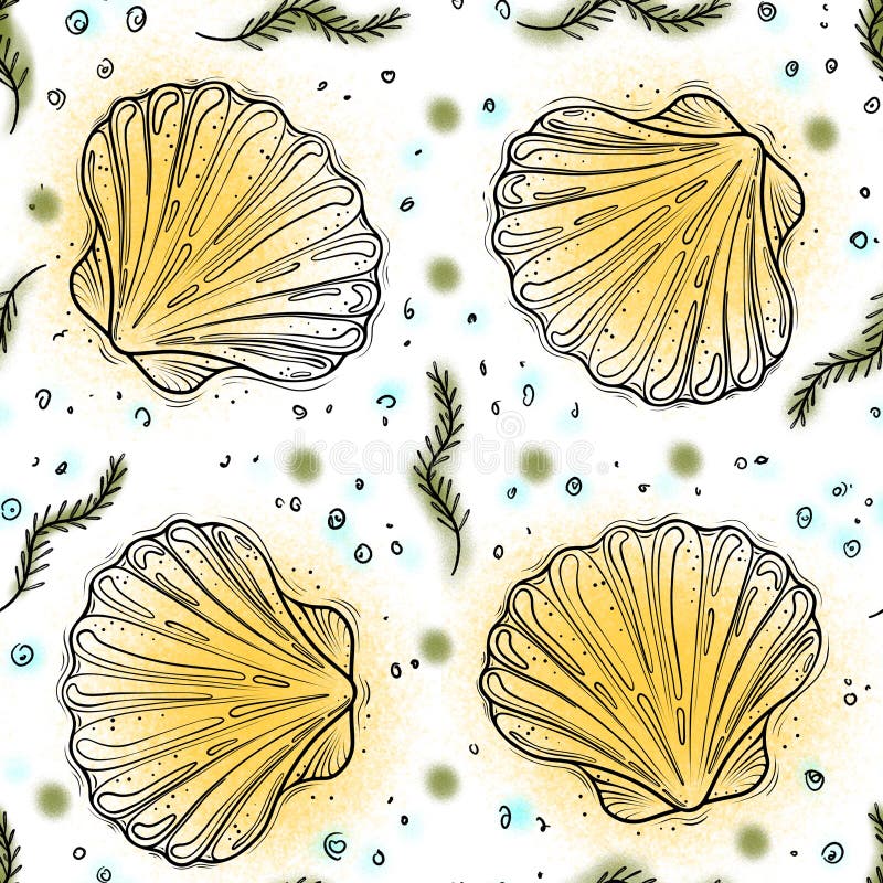 Seamless Pattern of Sea Shells with Doodle Algae Stock Illustration ...
