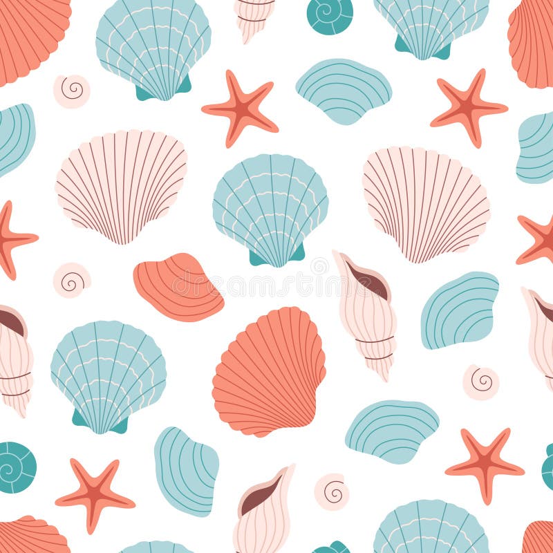 Seamless Pattern with Sea Shells, Mollusks, Sea Snails. Tropical Beach ...