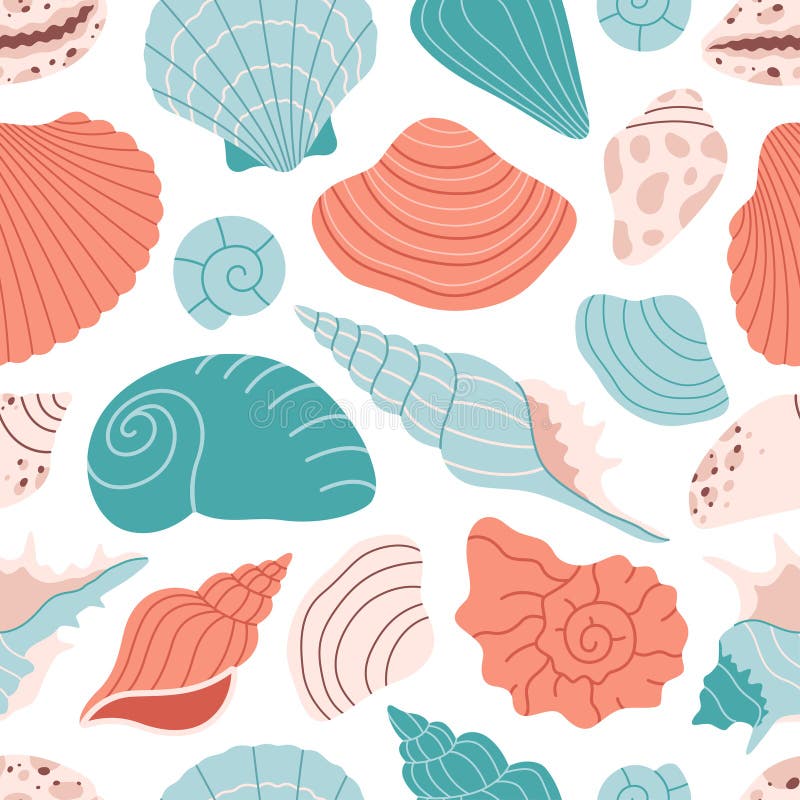 Seamless Pattern with Sea Shells, Mollusks, Sea Snails. Tropical Beach ...