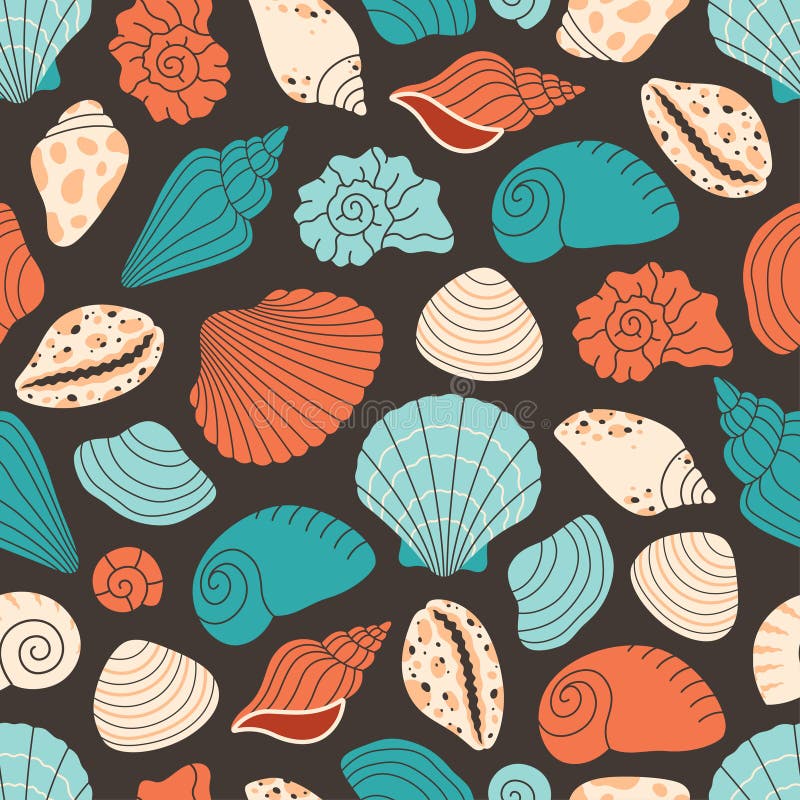 Seamless Pattern with Sea Shells, Mollusks, Sea Snails. Tropical Beach ...