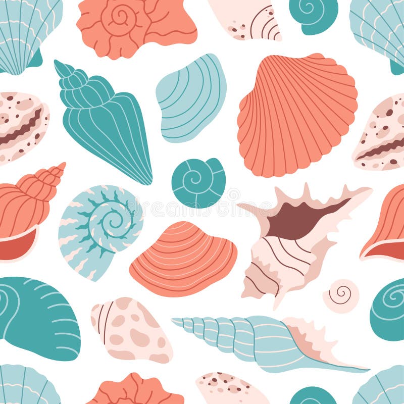 Seamless Pattern with Sea Shells, Mollusks, Sea Snails. Tropical Beach ...