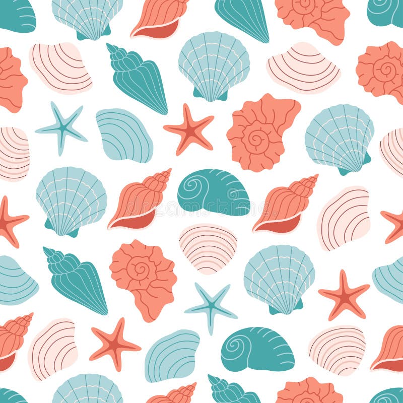 Seamless Pattern with Sea Shells, Mollusks, Starfish. Tropical Beach ...