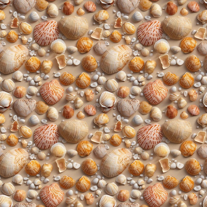 Seamless Pattern: Sea Shells and Pebbles on the Sand. Realistic 3D ...