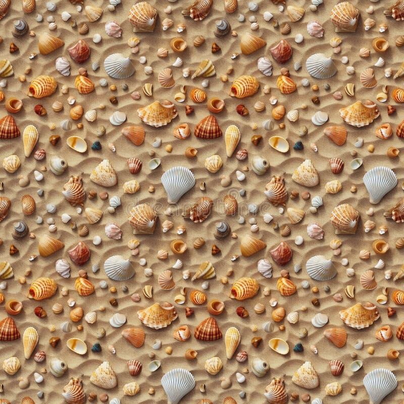 Seamless Pattern: Sea Shells and Pebbles on the Sand. Realistic 3D ...