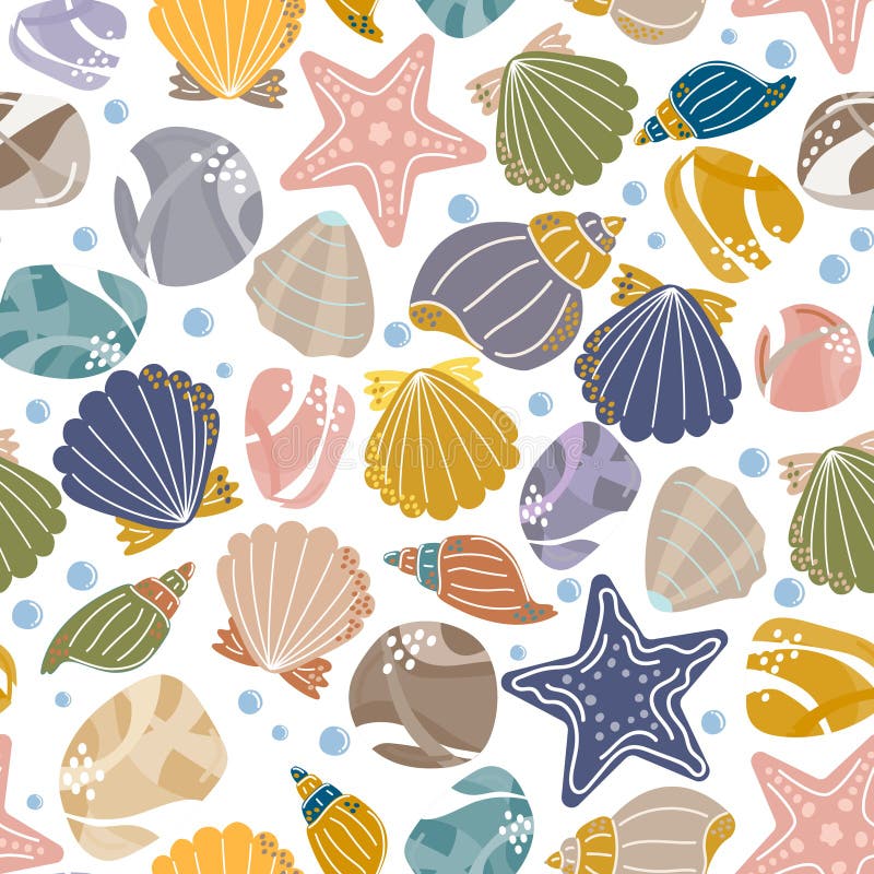 Seamless Pattern with Sea Shells, Starfish, and Pebbles. Colorful ...