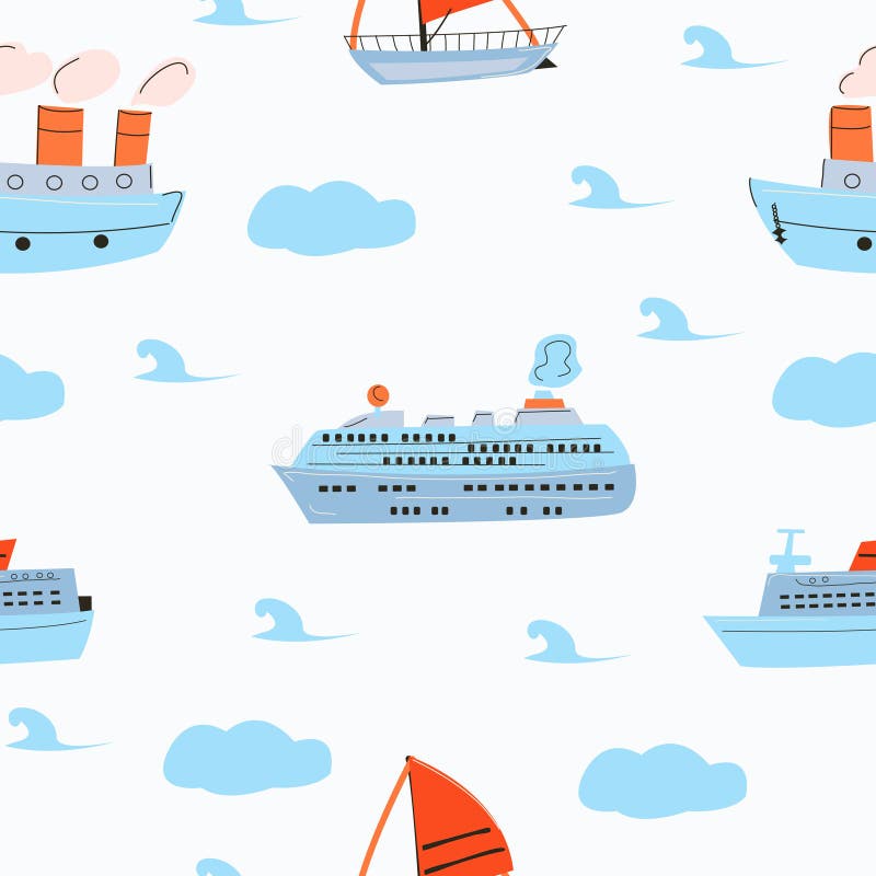 Seamless Pattern with Sea Ships and Sailing Ships and Cruise Liner ...