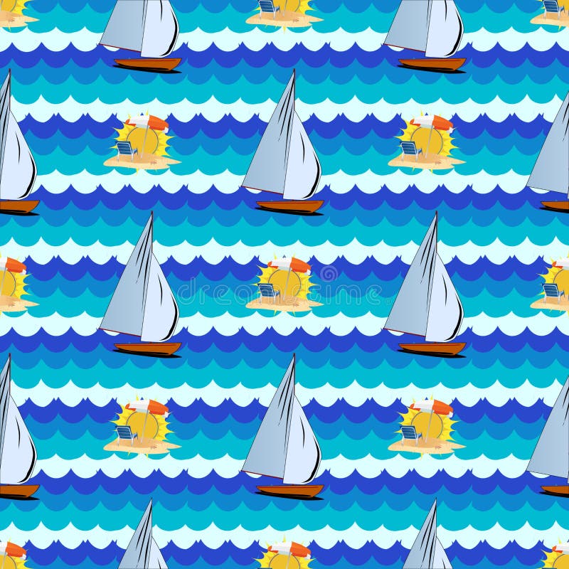 Seamless Pattern with Sea, Sun, Palm Tree, Yacht Stock Vector ...