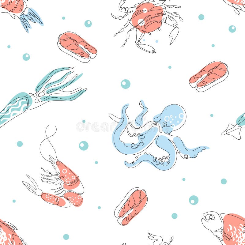 Seamless Pattern with Seafood. Octopus, Shrimp, Squid, Shrimp, Fish ...