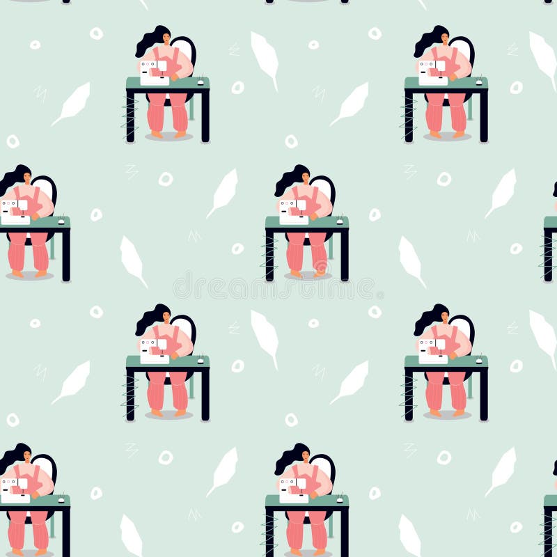Seamless Pattern with Seamstress Making Clothes. Cartoon Character ...