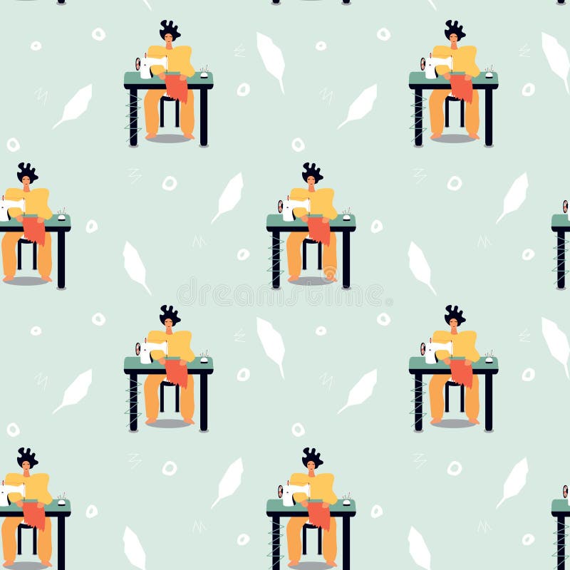 Seamless Pattern with Seamstress Making Clothes. Cartoon Character ...