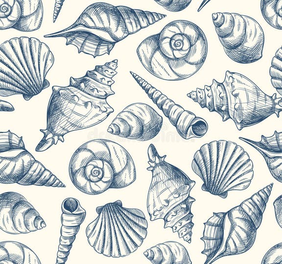 Seamless Pattern with Seashells. Hand Drawn Repeating Template with ...