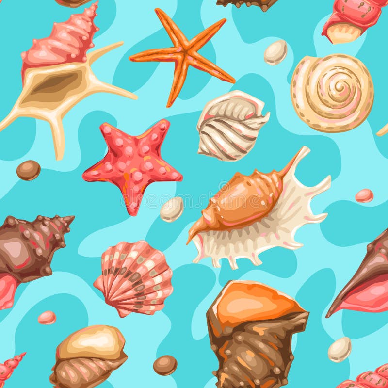 Seamless Pattern with Seashells. Tropical Underwater Mollusk Shells ...