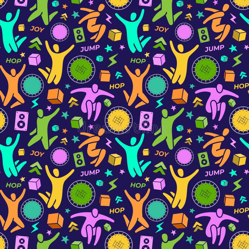 Seamless Pattern. Set: Jumping People, Trampoline, Speaker, Foam Cubes ...