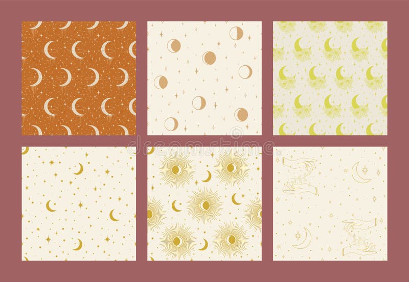 Seamless Pattern Set with Moon on Beige Background. Night Space Cosmic ...