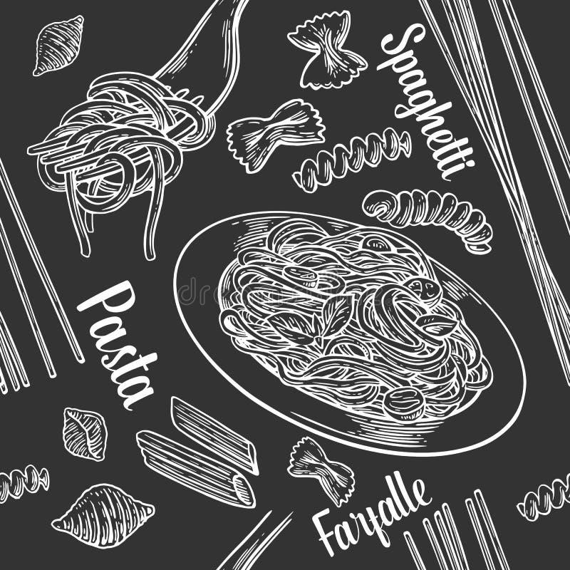 Seamless Pattern Set Pasta with Title. Vector Vintage Engraving ...
