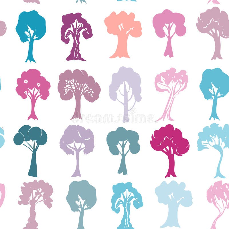 Seamless Pattern Set of Violet Purple Blue Pink Trees Silhouettes ...