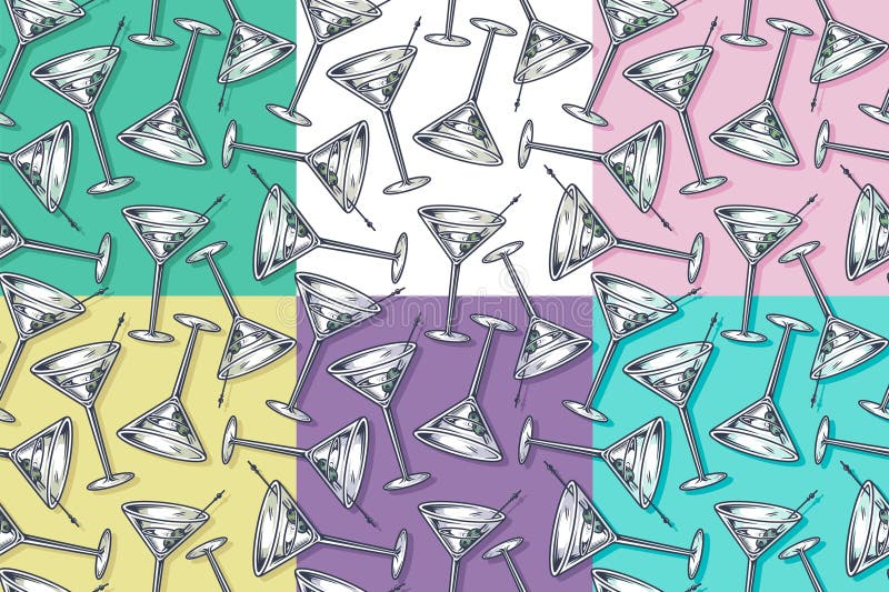 Seamless Pattern Set or Wallpaper Collection of Cocktail with Martini ...