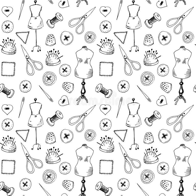 Sewing Items Set. Vector Tailoring Equipment. Hand Drawn Needlework ...