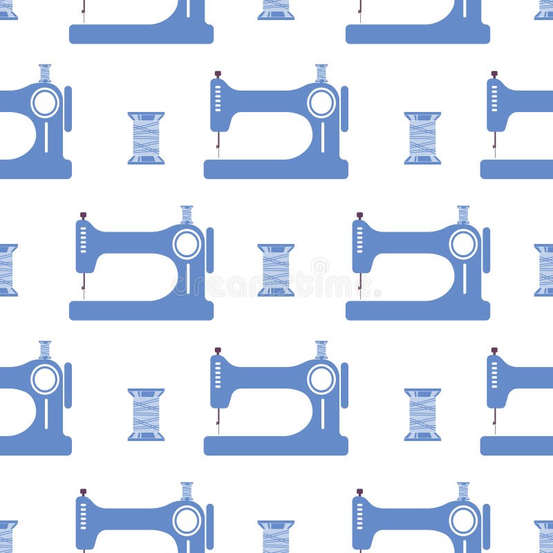 Seamless Pattern, Sewing Machines and Spools of Thread, Blue and White ...