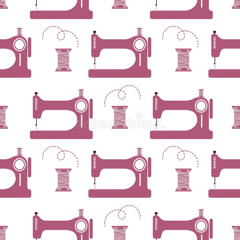 Seamless Pattern, Sewing Machines and Spools of Threads on a White Background. Print, Vector ...