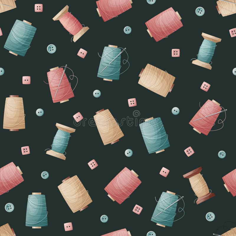 Seamless Pattern with Sewing Threads and Buttons on a Blue Background ...