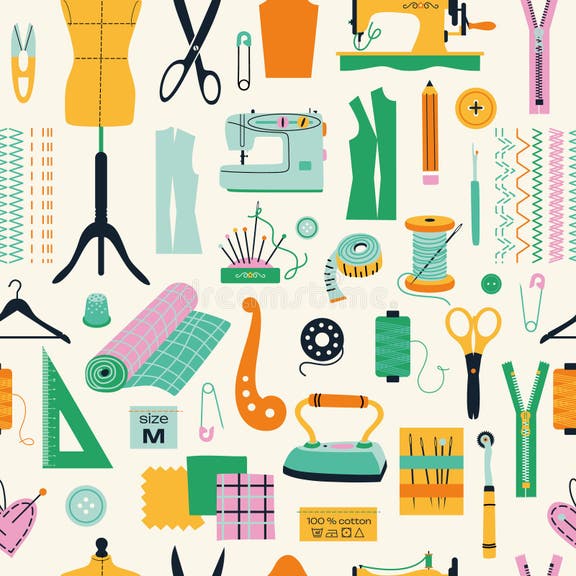 Seamless Pattern of Sewing Tools Icons Tailor Hand Made Workshop Stock ...
