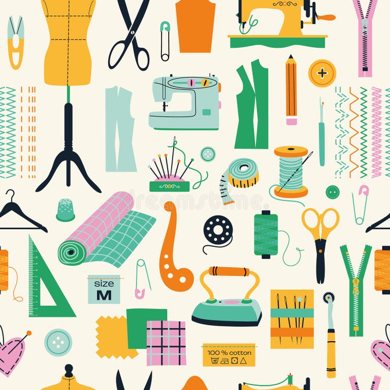 Seamless Pattern of Sewing Tools Icons Tailor Hand Made Workshop Stock ...